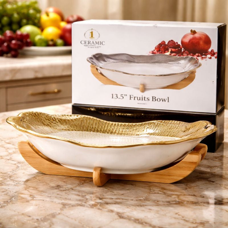 Large Ceramic Serving Platter with Natural Wood Base | Trenducts.pk ...